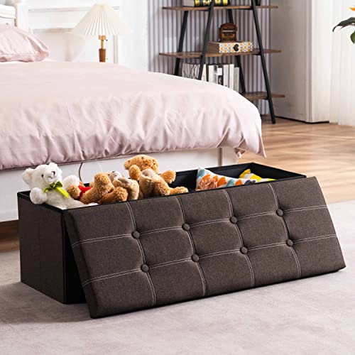 YOUDENOVA 43 Inches Folding Storage Ottoman Bench, Storage Chest Foot Rest Stool with Wooden Divider, Bed End Bench with 120L Large Storage Space, Linen Fabric Brown