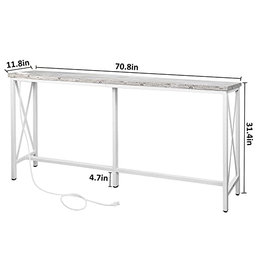 VIKIZUES Console Table with Power Outlets & USB Ports, 70" Narrow Sofa Table with Metal Frame, Entryway Table for Living Room Hallway Foyer Entrance, Couch Table Behind Sofa, Vintage White