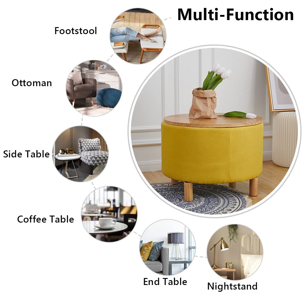 Simple&Opulence Modern Round Storage Coffee Table Ottoman for Living Room Bedroom, Accent Drum Side Table, Nightstand, Footstool, Sofa End Table with Wood Lid Tray and Solid Wood Legs (Yellow)