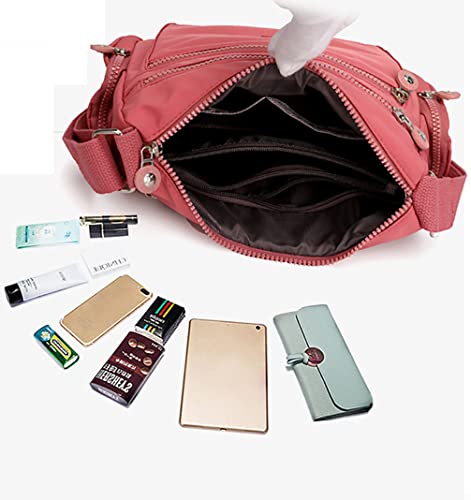 YaJaMa Multi Zipper Women Crossbody Bag Large Capacity Nylon Travel Shoulder Messenger Bag Handbag Satchel (Pink)