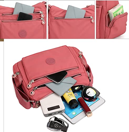 YaJaMa Multi Zipper Women Crossbody Bag Large Capacity Nylon Travel Shoulder Messenger Bag Handbag Satchel (Pink)