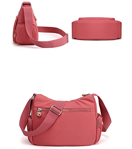 YaJaMa Multi Zipper Women Crossbody Bag Large Capacity Nylon Travel Shoulder Messenger Bag Handbag Satchel (Pink)