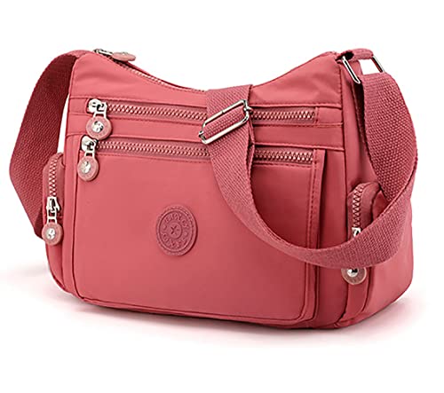 YaJaMa Multi Zipper Women Crossbody Bag Large Capacity Nylon Travel Shoulder Messenger Bag Handbag Satchel (Pink)
