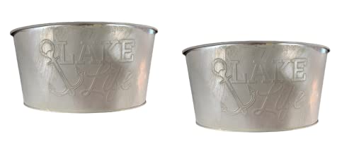 Pam's Glam Lake Life Oval Metal Planter, Bucket, Tabletop Utensil Holder Lake Cable Decor Set of Two 9 Inch Storage Buckets