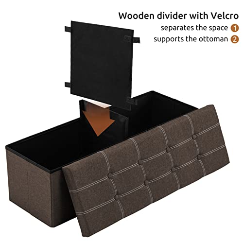 YOUDENOVA 43 Inches Folding Storage Ottoman Bench, Storage Chest Foot Rest Stool with Wooden Divider, Bed End Bench with 120L Large Storage Space, Linen Fabric Brown