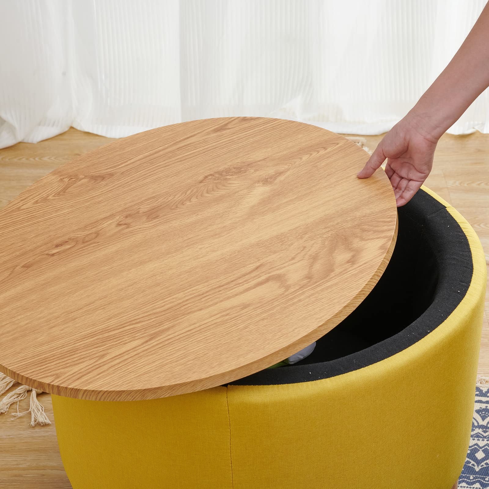 Simple&Opulence Modern Round Storage Coffee Table Ottoman for Living Room Bedroom, Accent Drum Side Table, Nightstand, Footstool, Sofa End Table with Wood Lid Tray and Solid Wood Legs (Yellow)
