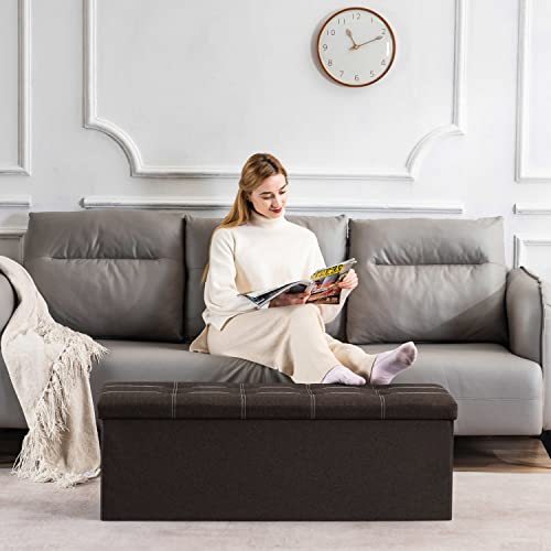 YOUDENOVA 43 Inches Folding Storage Ottoman Bench, Storage Chest Foot Rest Stool with Wooden Divider, Bed End Bench with 120L Large Storage Space, Linen Fabric Brown