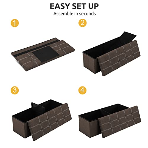 YOUDENOVA 43 Inches Folding Storage Ottoman Bench, Storage Chest Foot Rest Stool with Wooden Divider, Bed End Bench with 120L Large Storage Space, Linen Fabric Brown