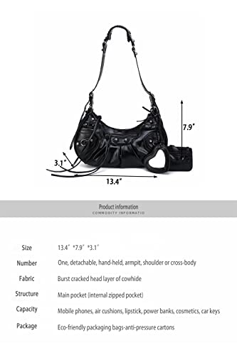 PODODNOE Women's Punk Style Rivet Satchel Handbags - PU Leather Shoulder Purses with Half Moon Underarm and Hobo Bags (Black)