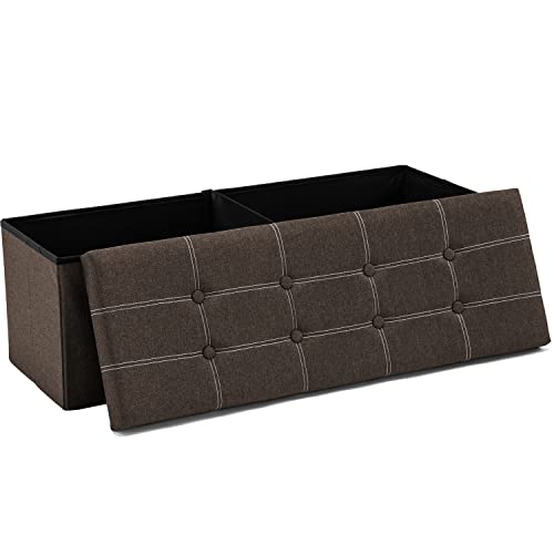 YOUDENOVA 43 Inches Folding Storage Ottoman Bench, Storage Chest Foot Rest Stool with Wooden Divider, Bed End Bench with 120L Large Storage Space, Linen Fabric Brown
