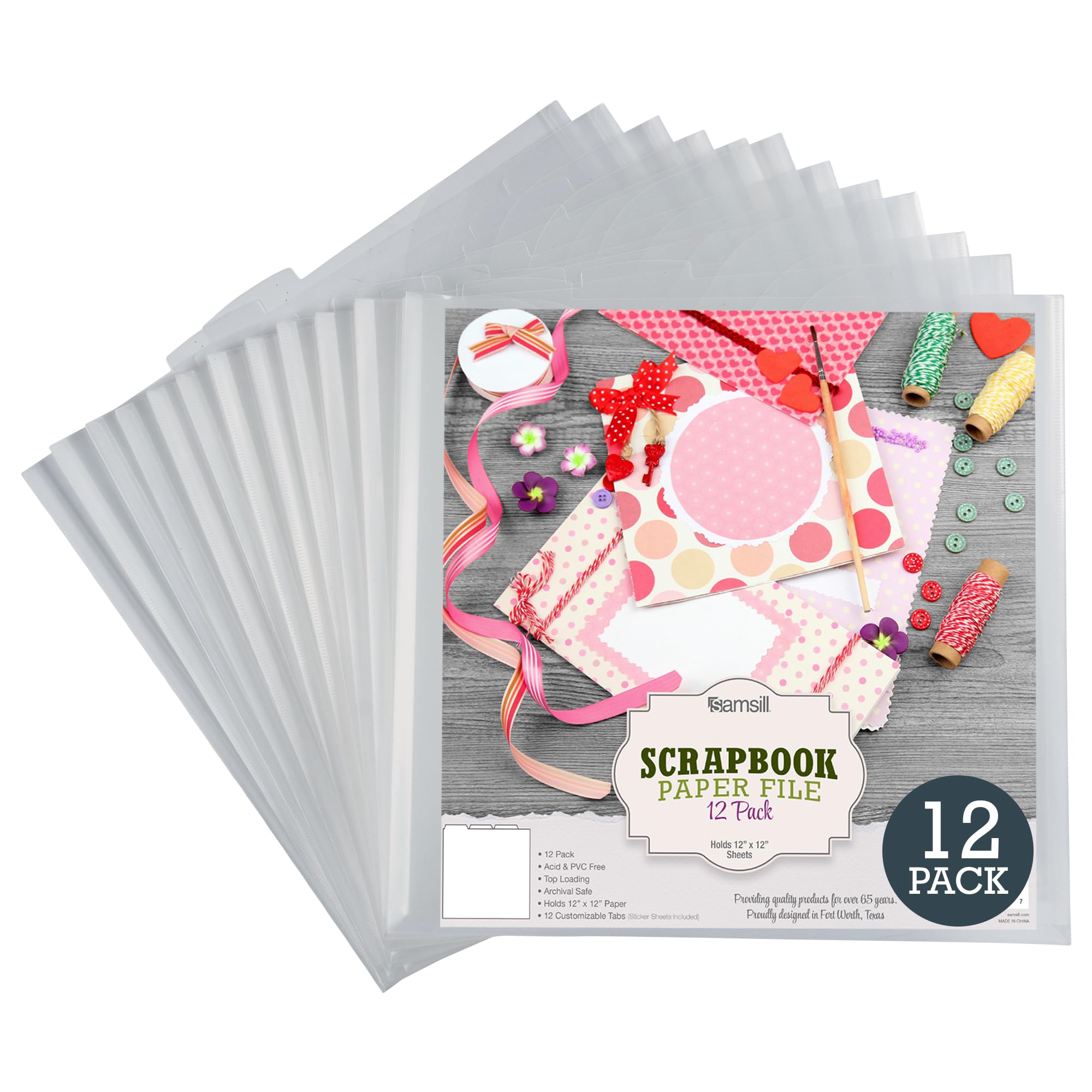 Samsill Scrapbook Paper Storage Organizer, 12 Count of Individual Top Loading Files with Customizable Tabs, Holds 12 x 12 Inch Scrapbook Paper, Vinyl Paper, Photos, Clear, PVC and Acid Free, 12 Pack