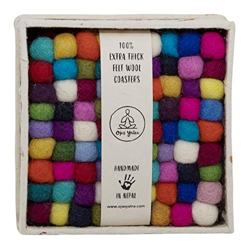 Colorful Felt Coasters Square - Premium Felted Ball Wool Coasters Set of 4 - with Lokta Gift Box - Handmade Large Absorbent Coasters for Drinks - Naturally Dense, Heat Resistant, Thick & Durable