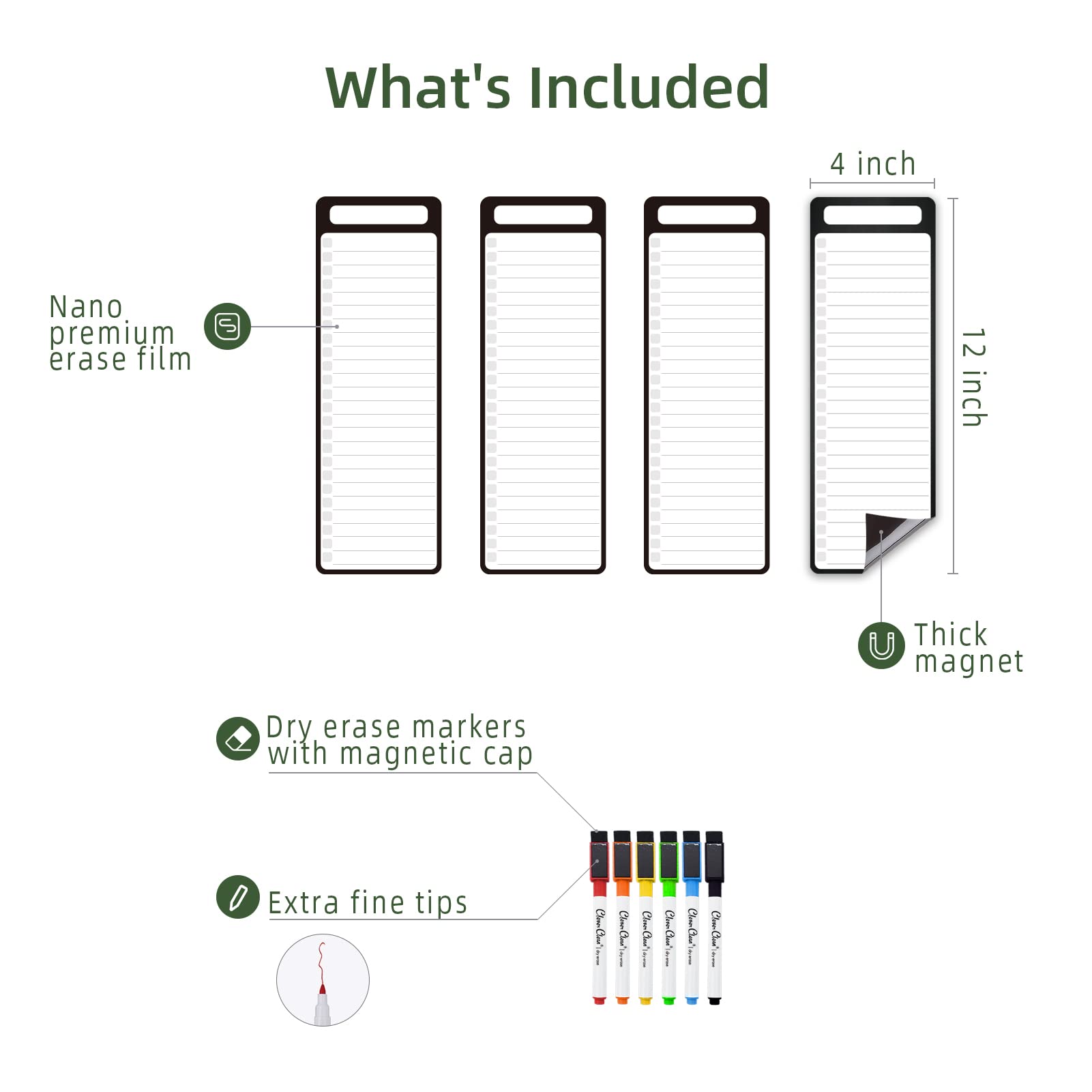 Magnetic Dry Erase List Board - 4"x12" Multifunctional List Board for Fridge - 6 Extra Fine Point Markers Included - Shipped Flat