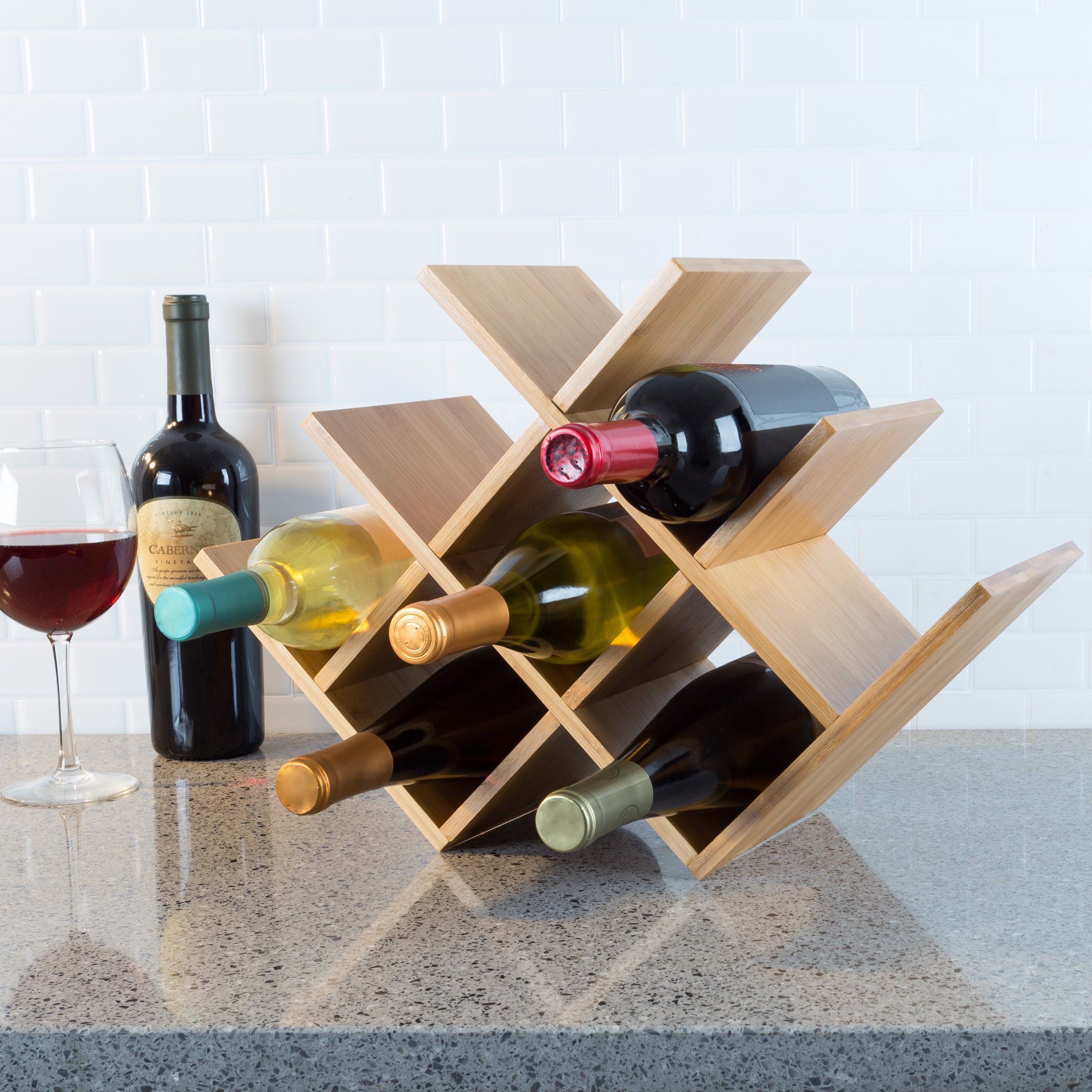 Classic Cuisine Bamboo 8 Bottle Wine Rack-Space Saving Tabletop Free Standing Wine Bottle Holder for Kitchen, Bar, Dining Room-Modern Storage Shelf, Wood