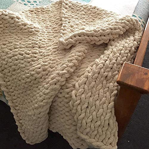 PRELGOSP Chunky Knit Blanket, Handmade Giant Knitted Blanket, Soft Thick Warm Knit Blanket Throw for Bed Chair Couch Sofa, Yoga Mat Rug Home Decor Gift, Machine Washable,Beige,40x60cm