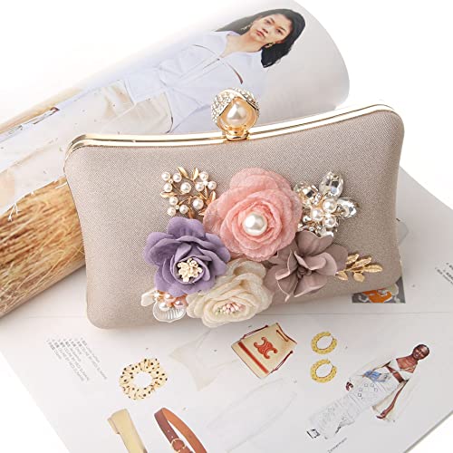 RKROUCO Women's Flower Evening Clutch Bag - Multicolor Flower Handbag with Satin-Champagne.