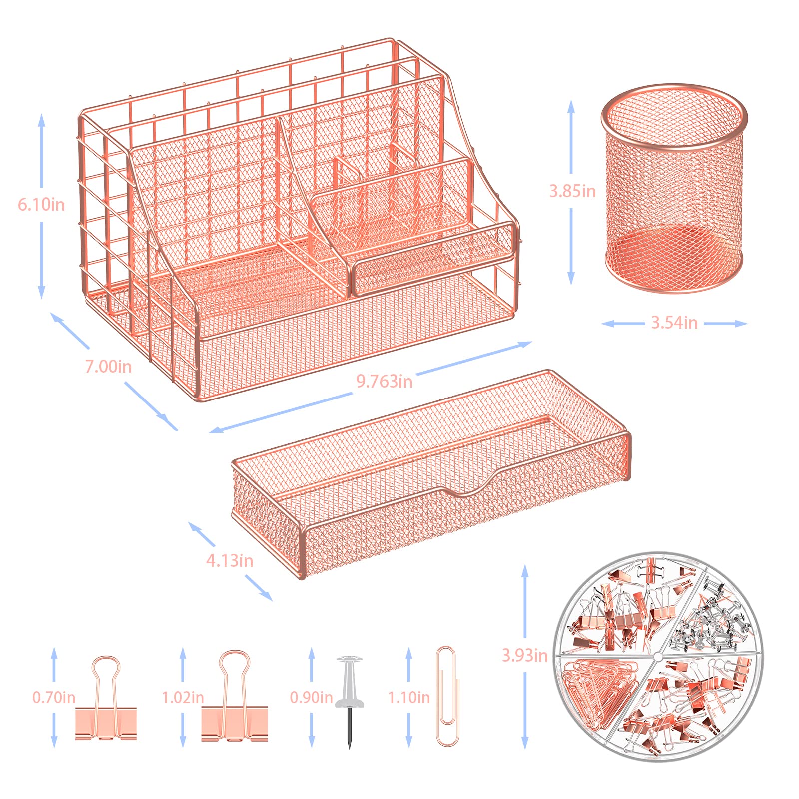 Rose Gold Desk Organizer and Accessories, Large Office Supplies Desk Organizer Caddy with Pen Holder, 6 Compartments + 72 Clips Set, Mesh Desktop Organizer with Drawer for Women, Office, School