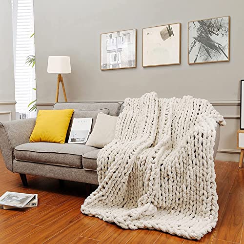 PRELGOSP Chunky Knit Blanket, Handmade Giant Knitted Blanket, Soft Thick Warm Knit Blanket Throw for Bed Chair Couch Sofa, Yoga Mat Rug Home Decor Gift, Machine Washable,Beige,40x60cm