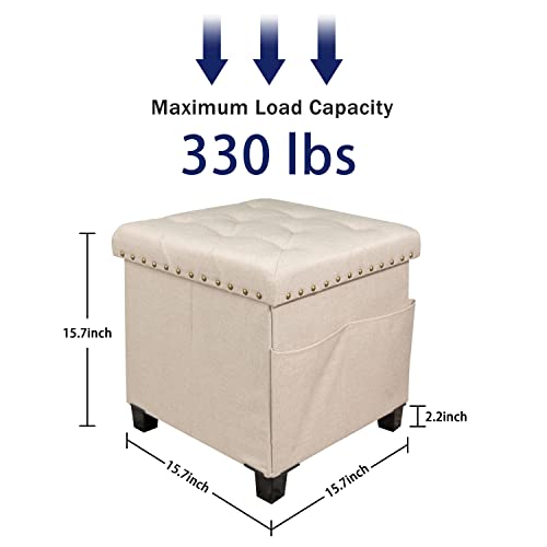 Brakki Storage Ottoman Cube Square Ottoman Foot Rest Cube with Side Pocket,15.7 Inches Storage Bench for Bedroom Living Room Linen Fabric with Wooden Legs Folding Beige Ottoman