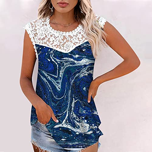 2023 Womens Lace Tank Tops Sleeveless Printed Tops Round Neck Splicing Tank Tops Slim Comfortable Lightweight T-Shirt