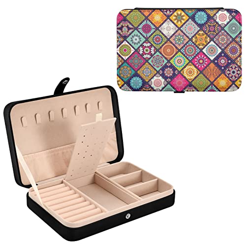 Oyihfvs Set Colored Mandala Ethnic Islam, Arabic, Indian, Ottoman Motifs Leather Jewelry Bag, Jewelry Storage, Portable Jewelry Organizer Boxes for Women Lady Necklace, Earrings, Rings, Bracelet