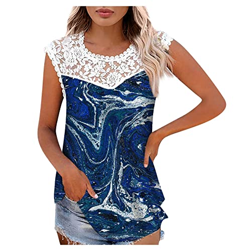 2023 Womens Lace Tank Tops Sleeveless Printed Tops Round Neck Splicing Tank Tops Slim Comfortable Lightweight T-Shirt