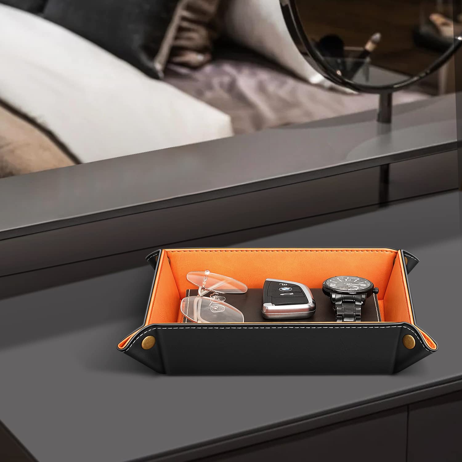 SITHON Valet Tray Desktop Storage Organizer – Premium PU Leather Catchall Bedside Vanity Tray Nightstand Caddy Holder for Remote Controller, Keys, Phone, Wallet, Coin, Jewelry (Orange)