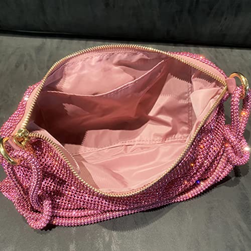 MSUIINT Rhinestone Purses for Women, Chic Sparkly Evening Handbag Bling Hobo Bag Shiny Silver Clutch for Party Wedding, Rose