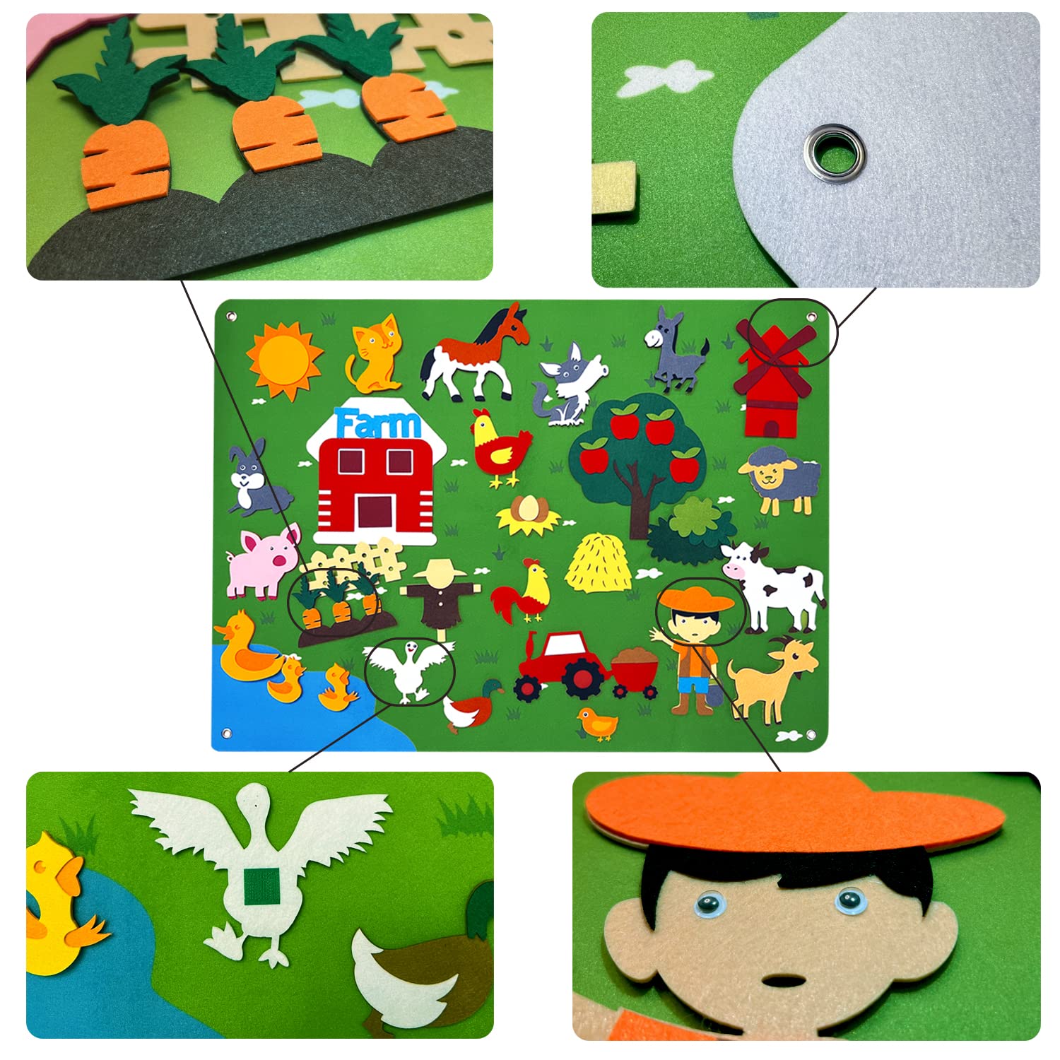 Tucimibo Farm Animals Felt Story Board Set 34Pcs, Flannel Storytelling Farmhouse Themed Activity Playmat Kit Wall Hanging Gift for Toddlers Kids Early Learning Educational Game Rug 3.5 * 2.5Ft