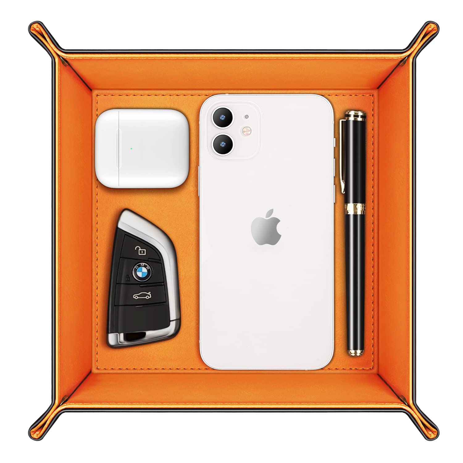 SITHON Valet Tray Desktop Storage Organizer – Premium PU Leather Catchall Bedside Vanity Tray Nightstand Caddy Holder for Remote Controller, Keys, Phone, Wallet, Coin, Jewelry (Orange)