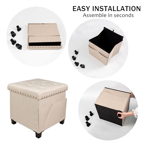 Brakki Storage Ottoman Cube Square Ottoman Foot Rest Cube with Side Pocket,15.7 Inches Storage Bench for Bedroom Living Room Linen Fabric with Wooden Legs Folding Beige Ottoman