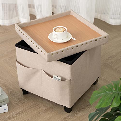 Brakki Storage Ottoman Cube Square Ottoman Foot Rest Cube with Side Pocket,15.7 Inches Storage Bench for Bedroom Living Room Linen Fabric with Wooden Legs Folding Beige Ottoman