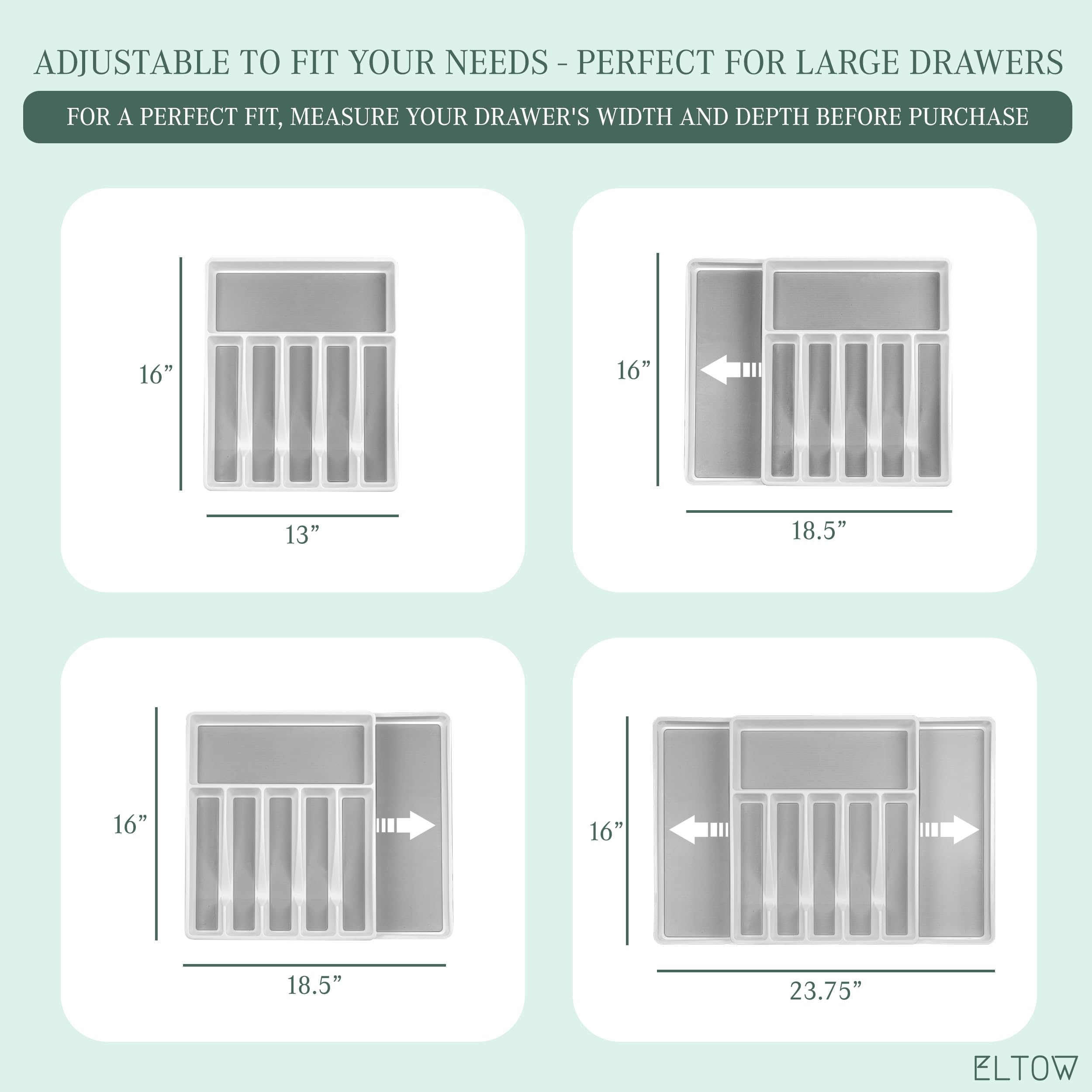 ELTOW Expandable In Drawer Silverware Organizer - Kitchen Storage Silverware Tray For Flatware – Cutlery Holder With 8 Compartments - Multipurpose Organizer Tray For Kitchen & Office Supplies - White