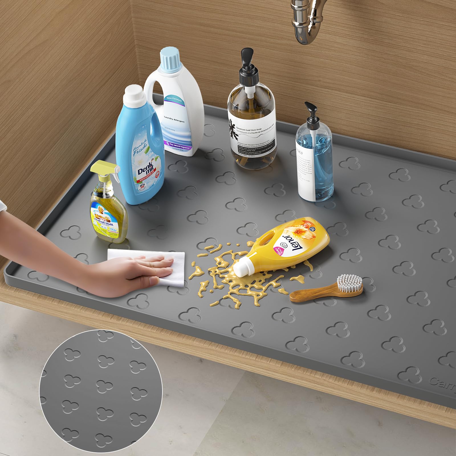Under Sink Mat - Waterproof Kitchen Cabinet Tray - 34" x 22" Flexible Silicone Under Sink Liner with Drain Hole - Kitchen Bathroom Cabinet Mat and Protector for Drips Leaks Spills