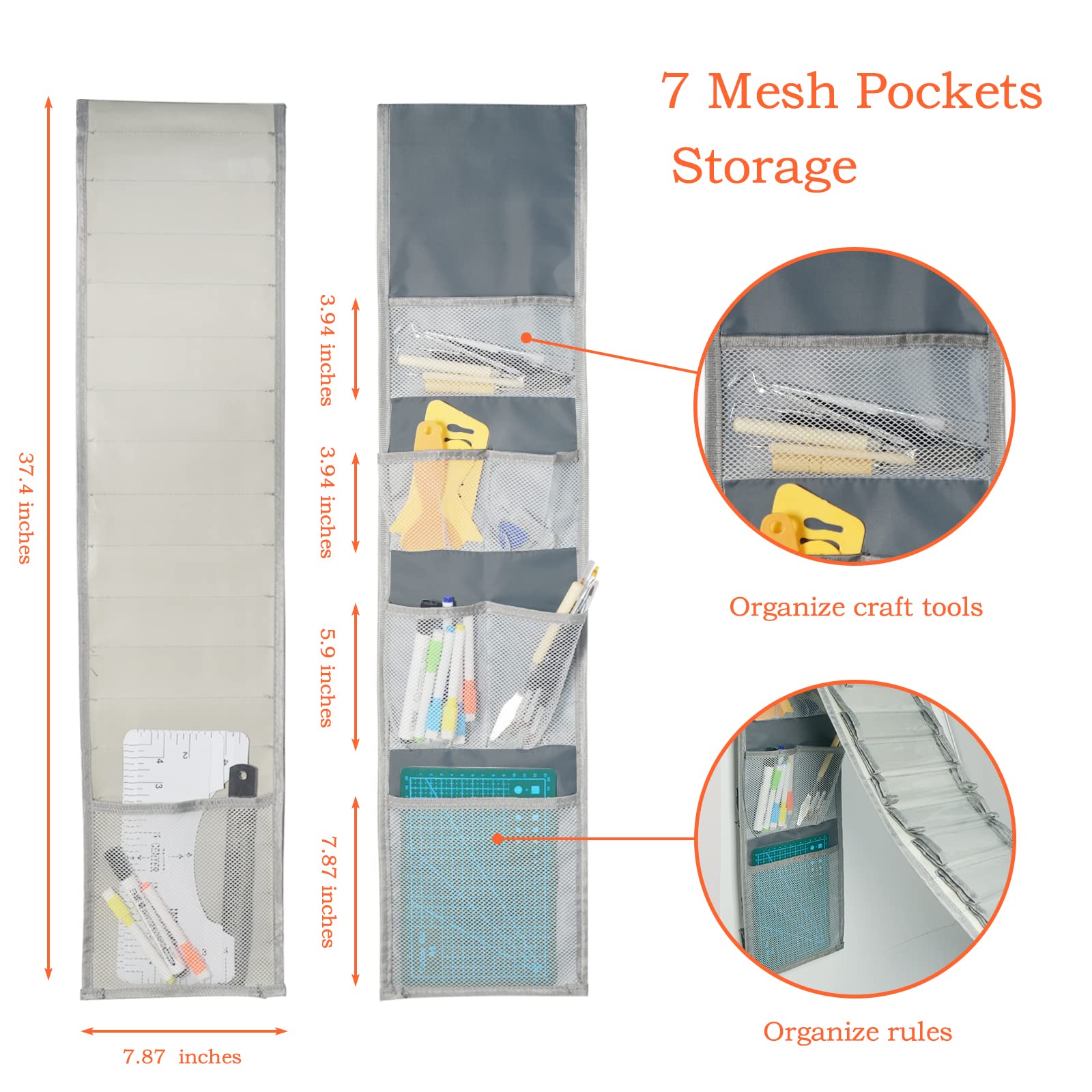 Tunnkit Vinyl Roll Holder - 36 Compartments Vinyl Storage Organizer with 7 Mesh Pockets Storage, Wall Mount/Over The Door Vinyl Roll Storage, with 2 Hooks and 2 Hanging Straps (Grey)