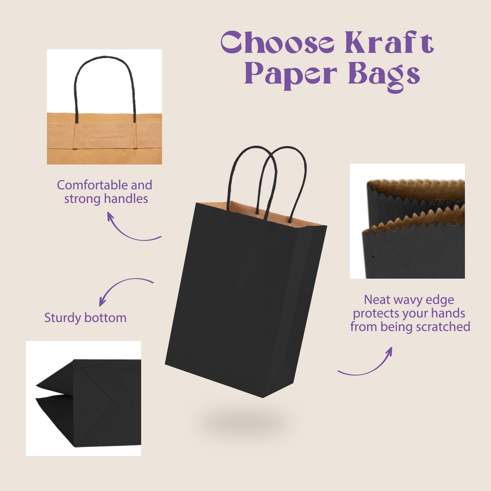 MESHA 100pcs Black Gift Bags 5.25" x 3.75" x 8", Small Size Kraft Paper Bags with Handles for Handwork, Shopping, Gift, Merchandise, Retail, Party