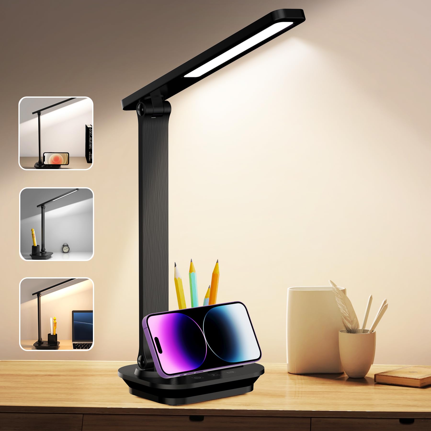 Desk Lamp Desk Light Desk Lamps for Home Office, LED Desk Lamp with USB Charging Port, Touch Control Small Desk Lamp with Pen/ Phone Holder, 3 Color Modes Foldable Study Reading Lamp with 10 Min Timer