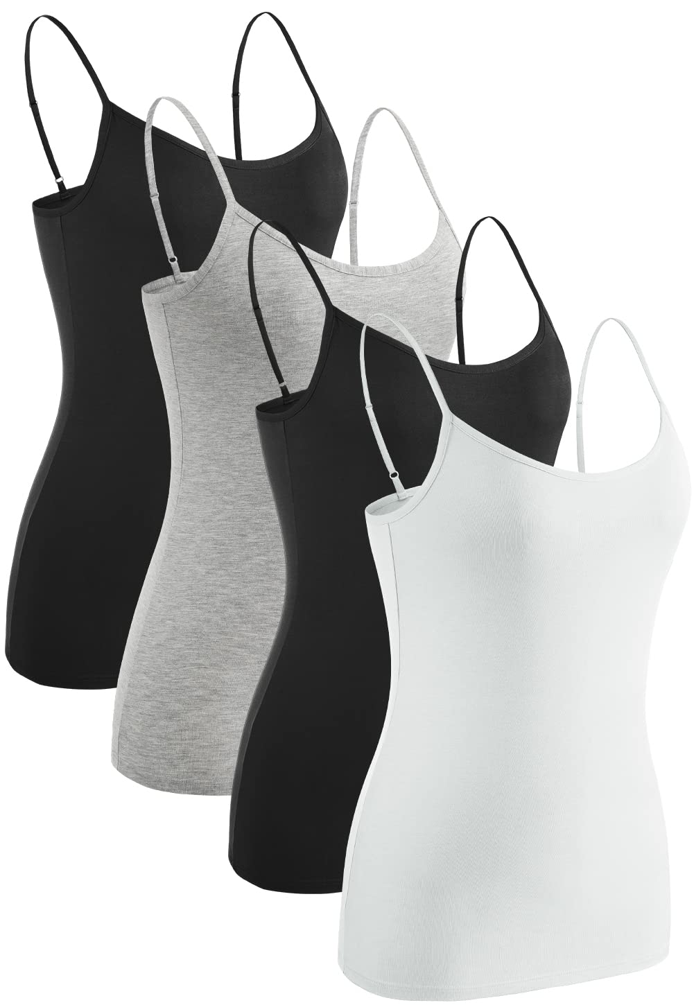 Rosyline 4 Piece Women Camisole Basic Undershirt Adjustable Spaghetti Strap Tank Top Black/Grey/Black/White M