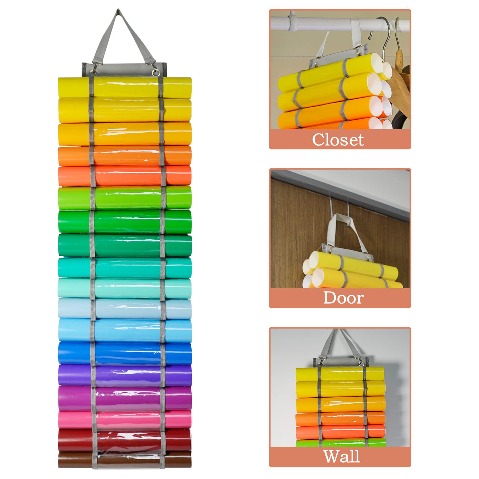 Tunnkit Vinyl Roll Holder - 36 Compartments Vinyl Storage Organizer with 7 Mesh Pockets Storage, Wall Mount/Over The Door Vinyl Roll Storage, with 2 Hooks and 2 Hanging Straps (Grey)
