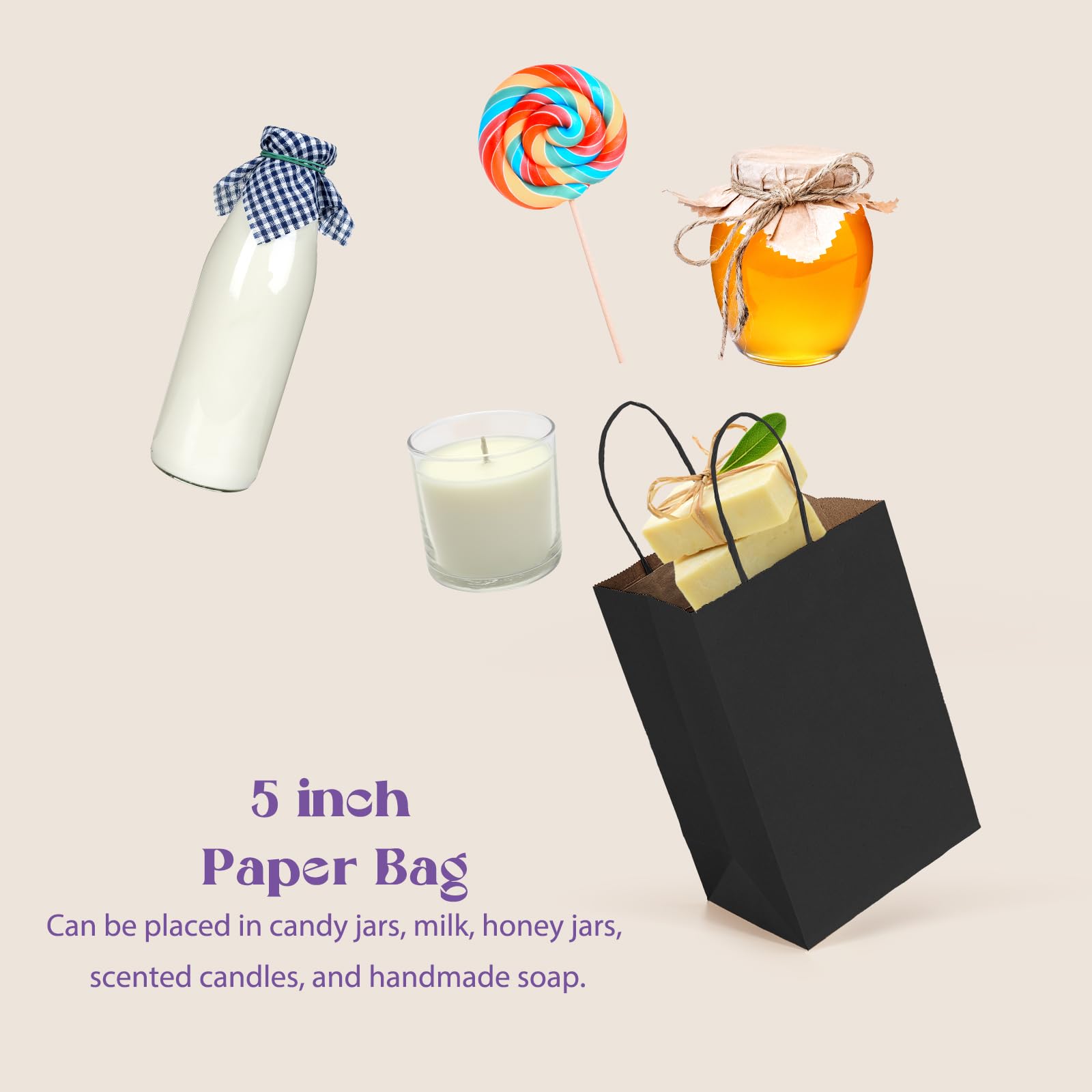 MESHA 100pcs Black Gift Bags 5.25" x 3.75" x 8", Small Size Kraft Paper Bags with Handles for Handwork, Shopping, Gift, Merchandise, Retail, Party