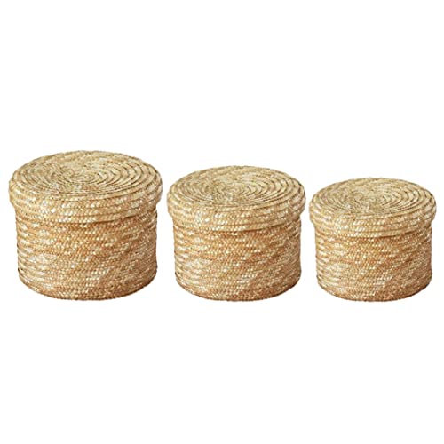 CurcKua 3pcs Straw Storage Baskets with Lid Woven Organizer Round Finishing Storage Box for Bedroom Living Room Laundry Snack