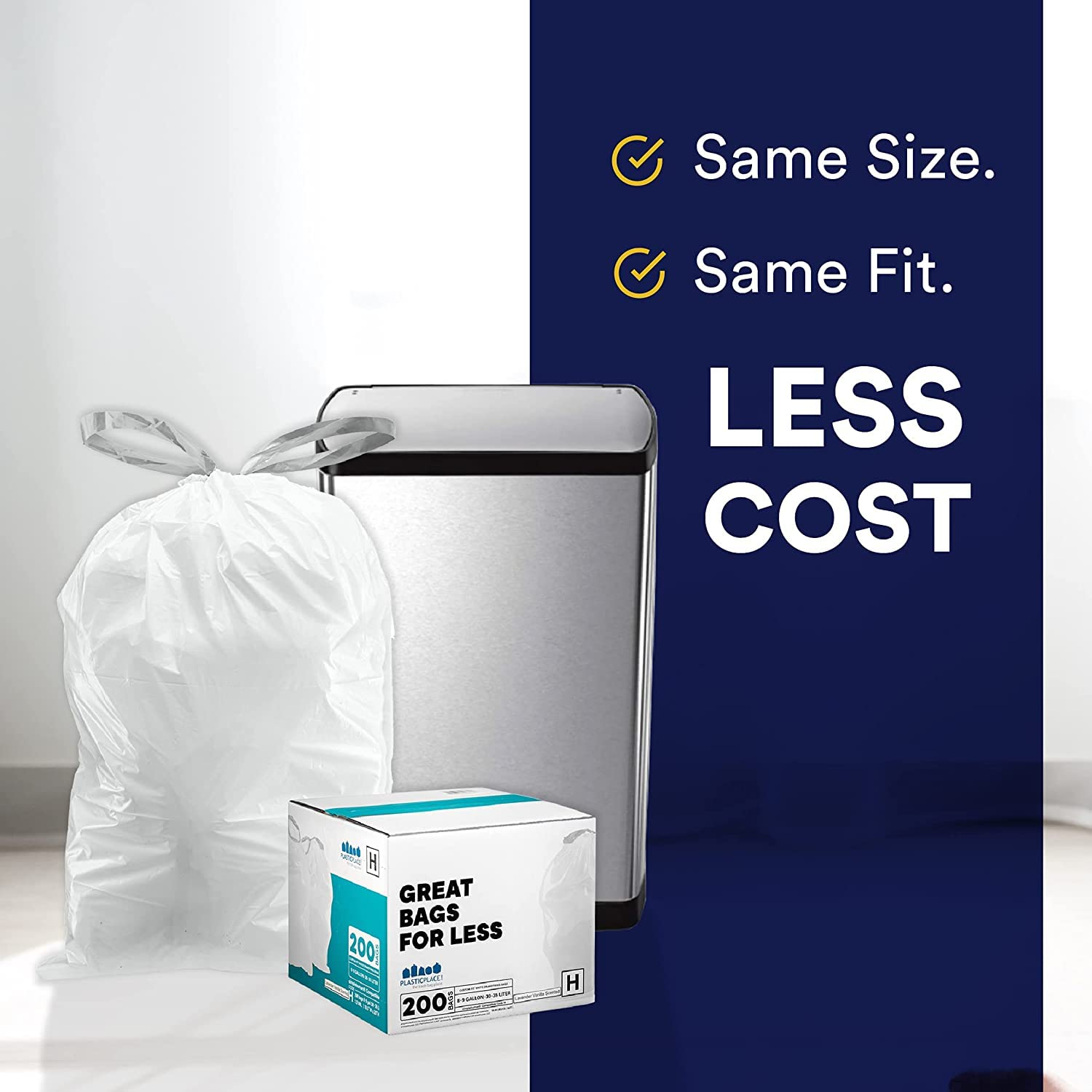 Plasticplace Custom Fit Trash Bags simplehuman (x) Code H Compatible, 8-9 Gallon, 30-35 Liter,18.5" x 28", 200 Count, White