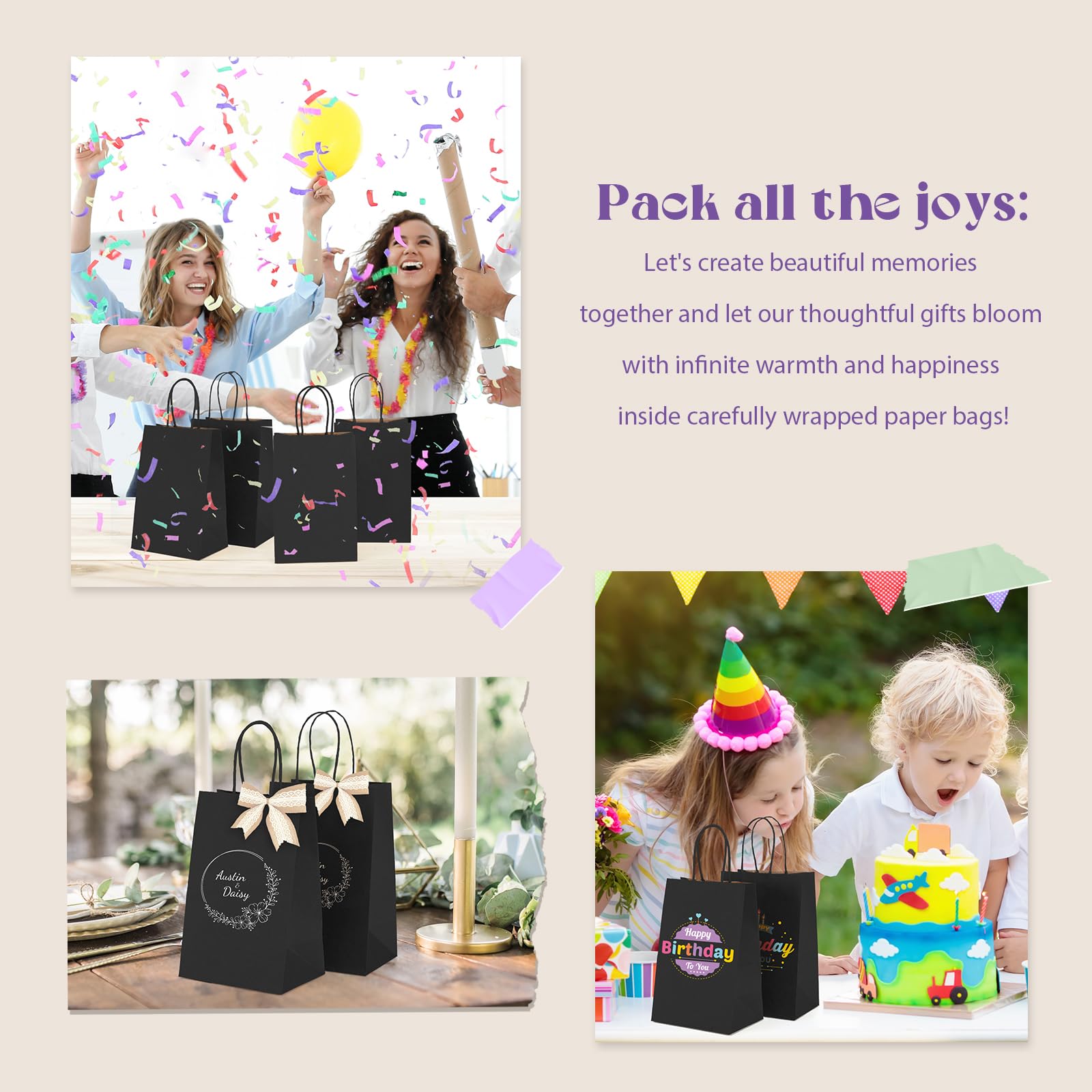 MESHA 100pcs Black Gift Bags 5.25" x 3.75" x 8", Small Size Kraft Paper Bags with Handles for Handwork, Shopping, Gift, Merchandise, Retail, Party