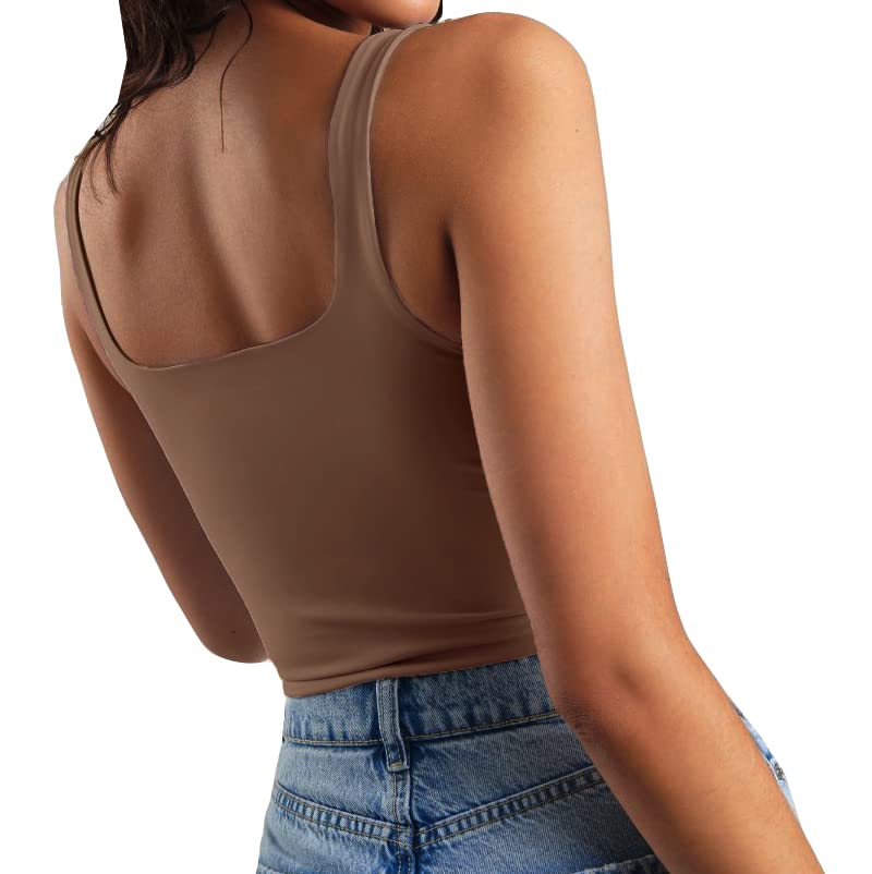Artfish Women's Sleeveless Strappy Seamless Crop Tank Tops Square Neck Workout Fitness Basic Cropped Camis (Mocha Brown, S)