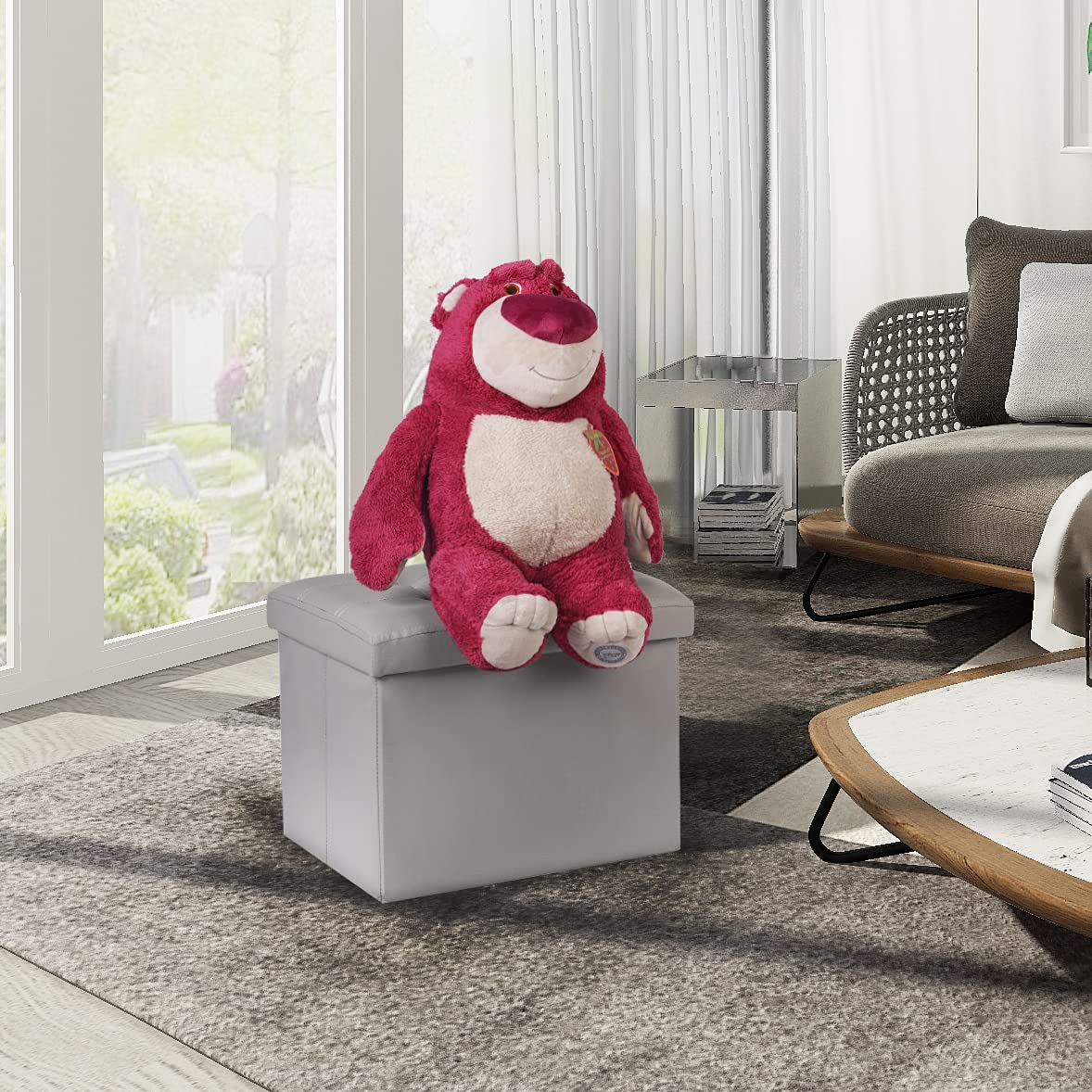 Folding Cube Storage Ottoman with Padded Seat , Foot Rest & Stepping Stool - PU Leather Grey Ottoman with Storage for Living Room & Bedroom