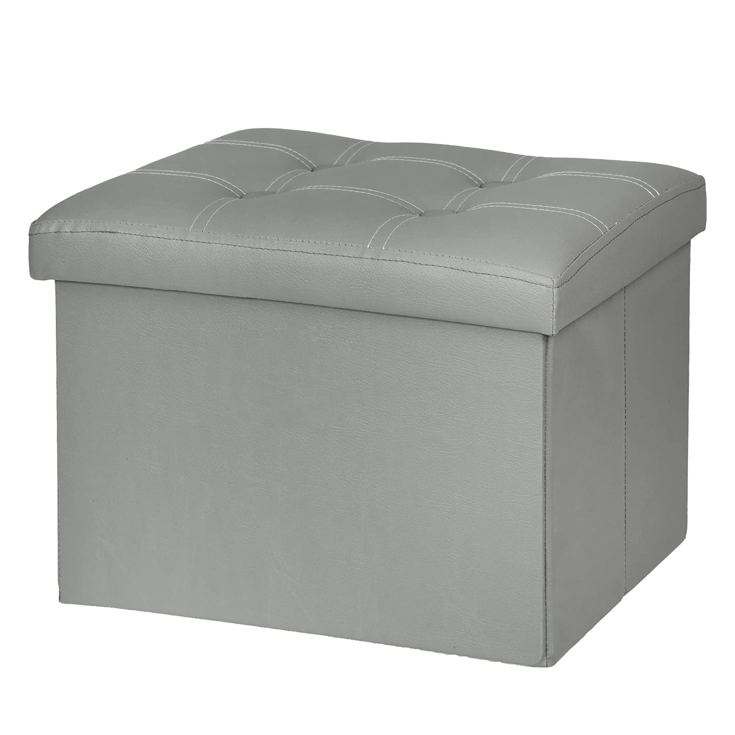 Folding Cube Storage Ottoman with Padded Seat , Foot Rest & Stepping Stool - PU Leather Grey Ottoman with Storage for Living Room & Bedroom