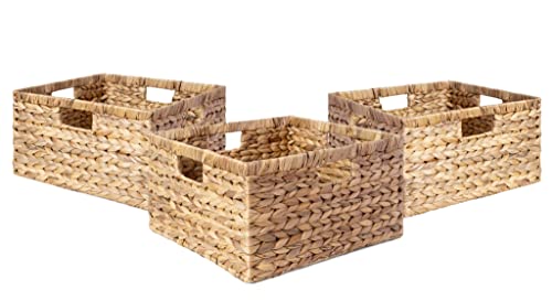 BARIEN 14.5β x 13.5β x 8β (Set of 3) Natural Water Hyacinth Storage Baskets, Rectangular Wicker Basket with Built-in Handles, Large (Natural - Set of 3)