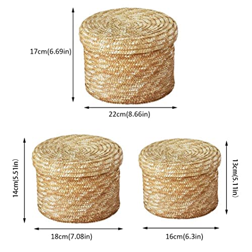 CurcKua 3pcs Straw Storage Baskets with Lid Woven Organizer Round Finishing Storage Box for Bedroom Living Room Laundry Snack
