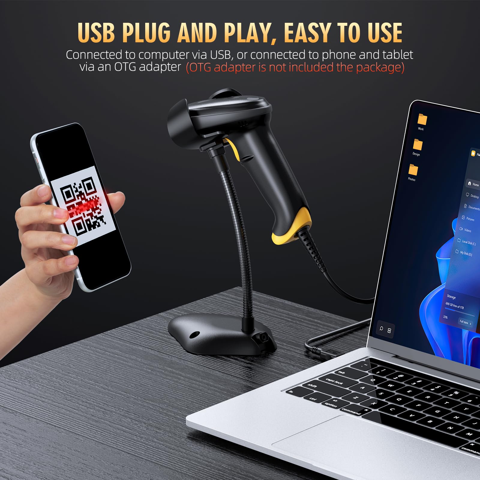 TEEMI 2D Barcode Scanner USB Wired Handheld Automatic QR Data Matrix PDF417 bar Codes Imager for Mobile Payment Computer Screen Scan (Stand Included)