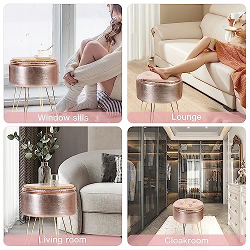 YAMILAN Velvet Round Storage Ottoman, Modern Foot Stool Vanity Stool with Metal Legs & Tray Top Coffee Table, Ottoman with Storage for Living Room Bedroom (PU Leather Light Gold)